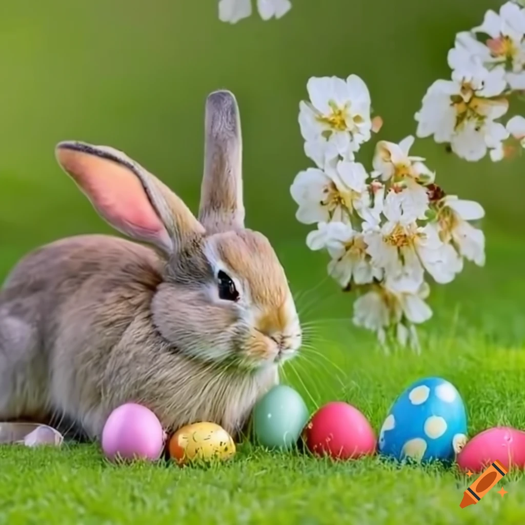 Charming easter bunny with flowers and eggs in a meadow on Craiyon