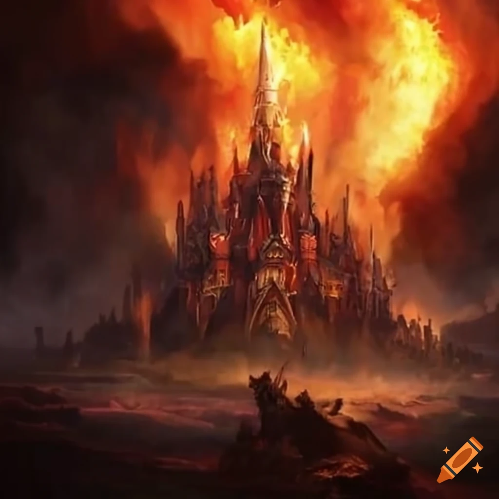 Fantasy kingdom engulfed in flames from battle on Craiyon