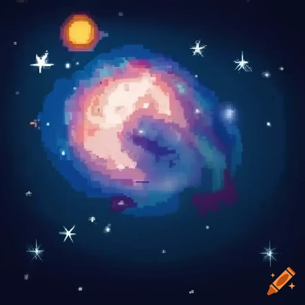 Cartoony pixelated space with stars and galaxies on Craiyon