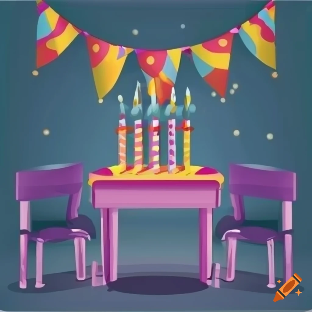 Birthday party table with chairs in a vector illustration on Craiyon