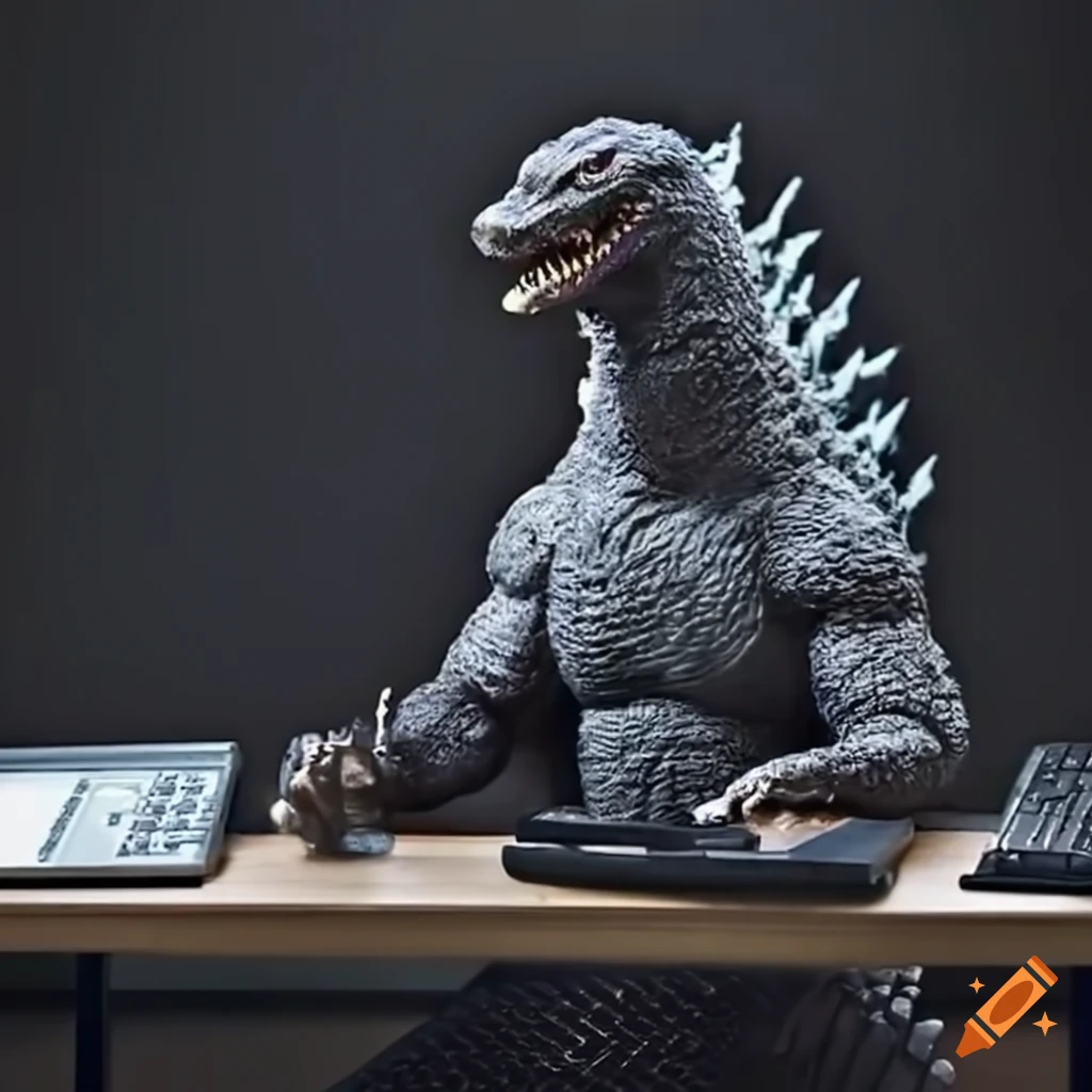 Godzilla working on a computer on Craiyon