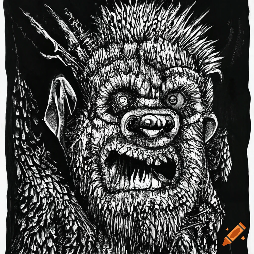 Detailed drawing of three forest trolls in black ink within a cave ...