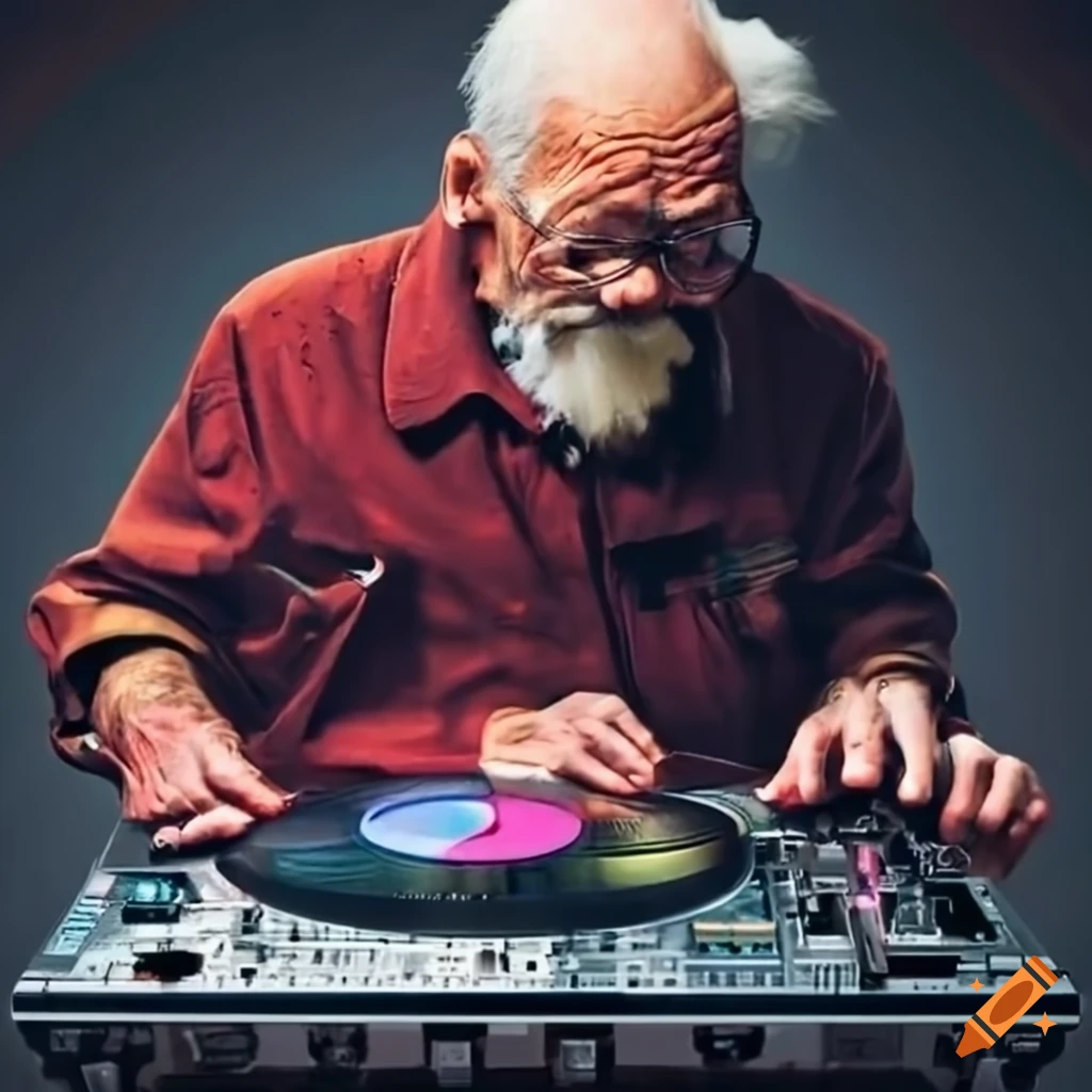 Elderly man with DJ record decks on Craiyon