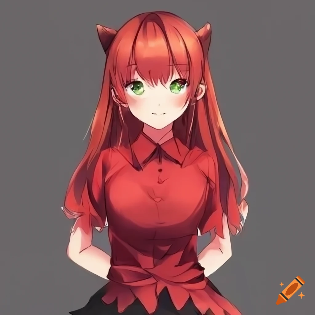 Anime girl with green eyes, red hair, cat smile, red blouse, and black ...