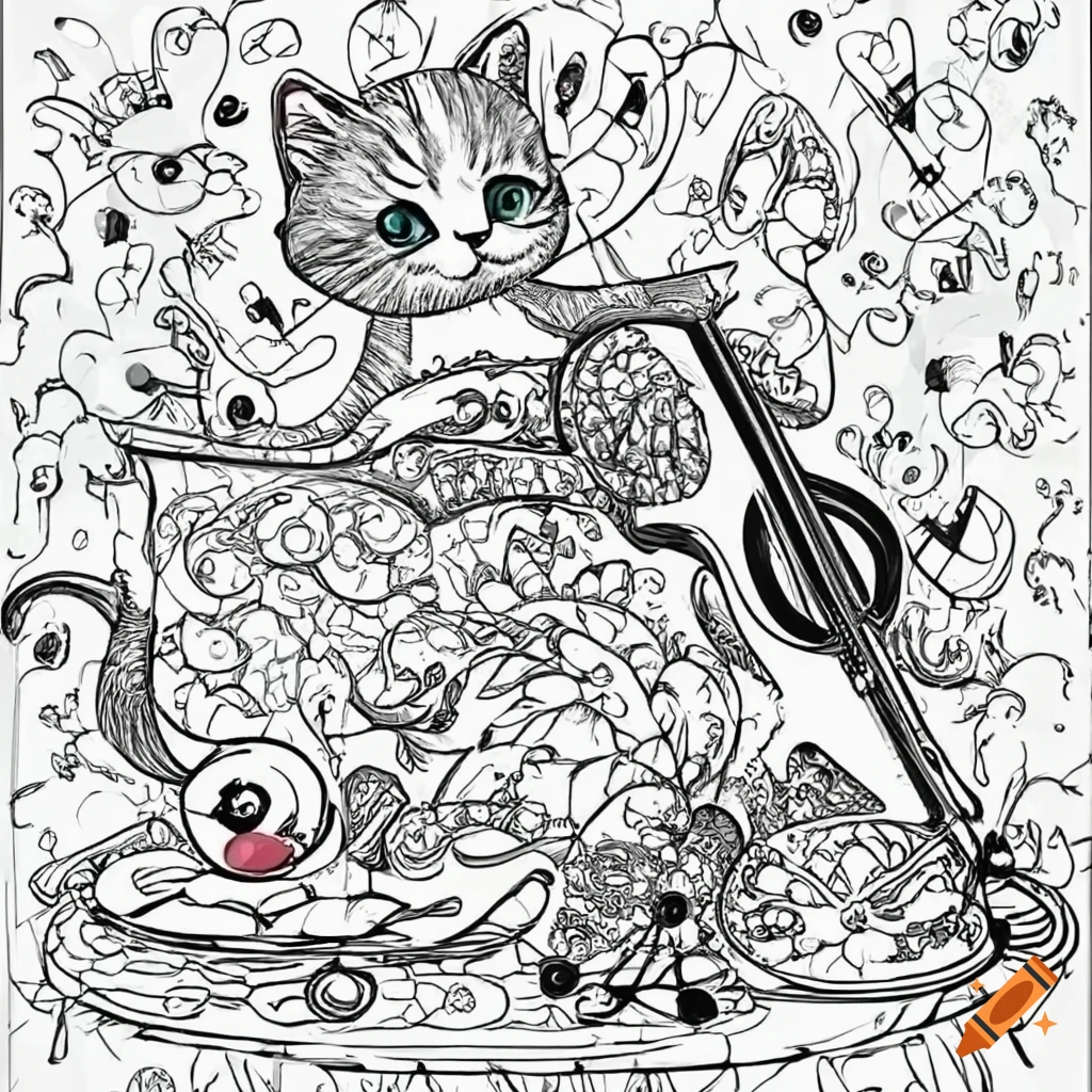 Coloring book page of cute kittens playing musical instruments on Craiyon