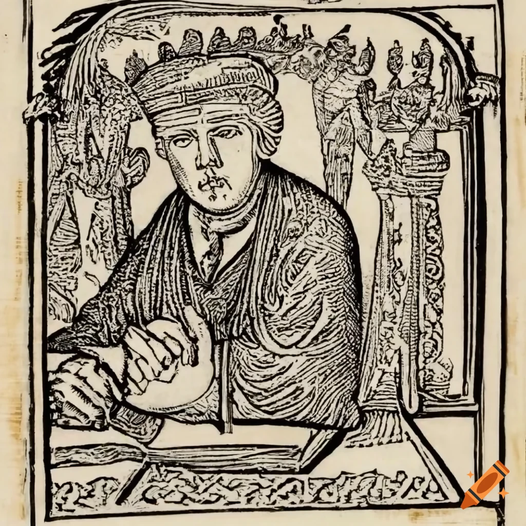 Page of a medieval Bible with woodcut illustration on Craiyon