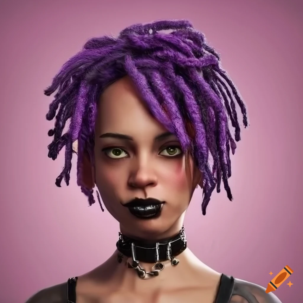 Female game character with purple dreadlocks and goth choker necklace on Craiyon
