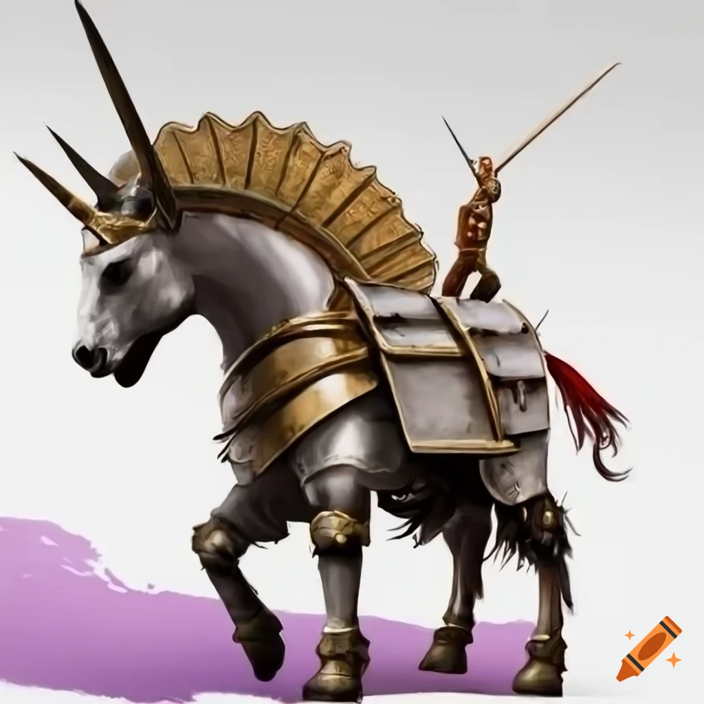 Roman war unicorn in armor on white background on Craiyon