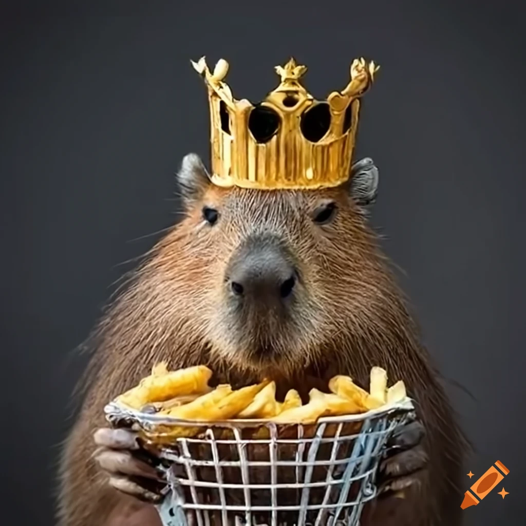 Capybara with crown holding a basket of waffle fries on Craiyon