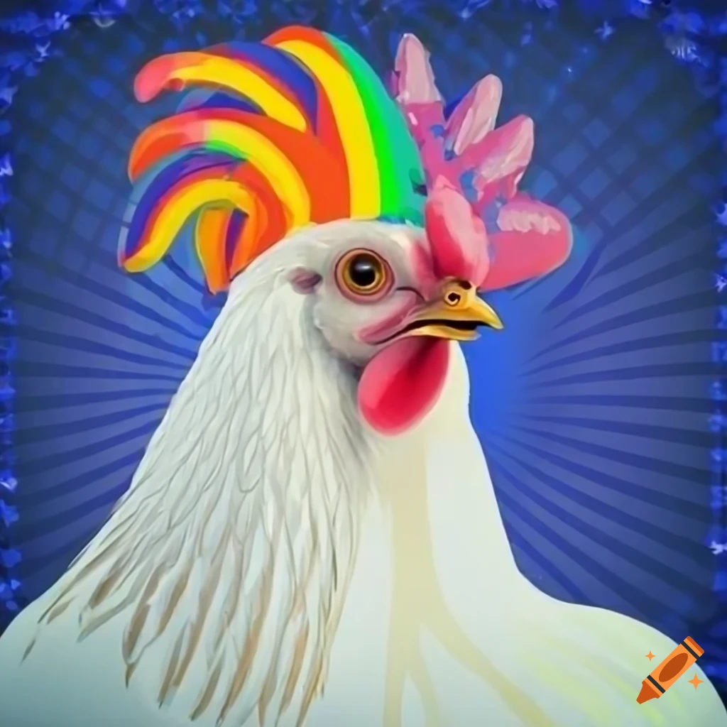 Foolish chicken with colorful hat on blue starburst background on Craiyon