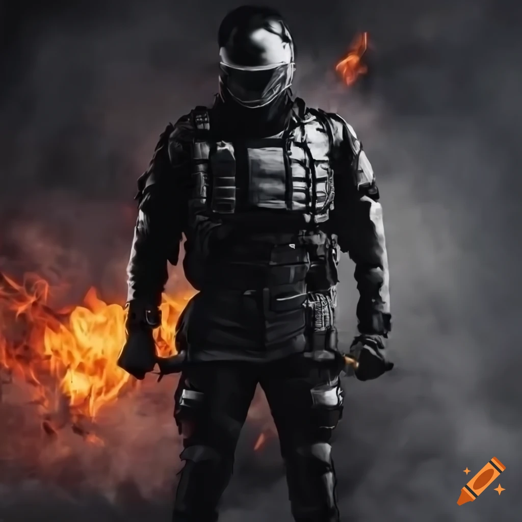 Man in black swat armor surrounded by fire on Craiyon