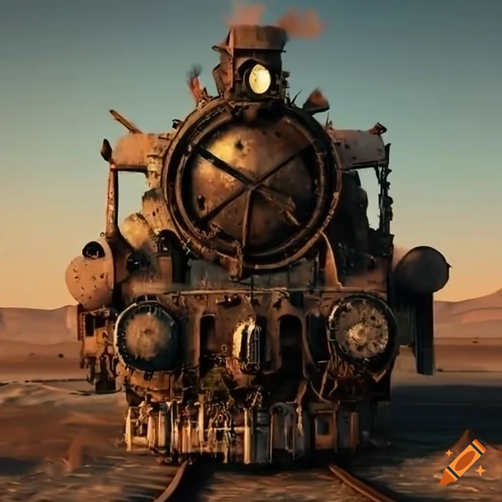 Post-apocalyptic armored steam punk train in a desert setting on Craiyon