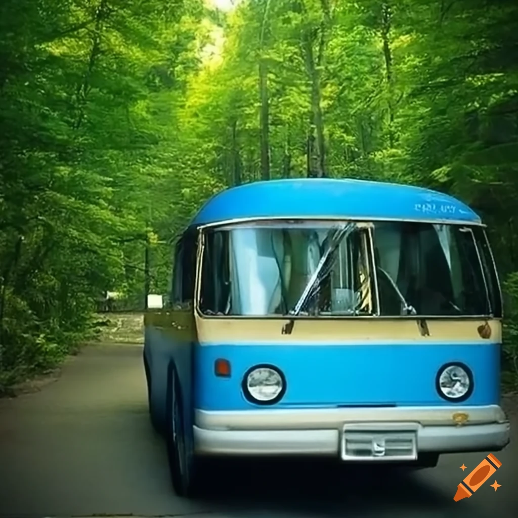 Blue trip bus in nature with wayfinder logo on Craiyon