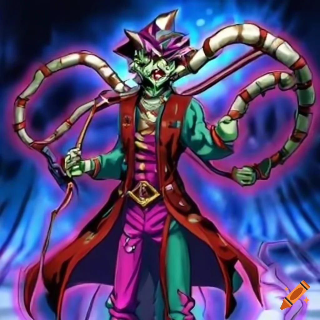 Yu-Gi-Oh card art of a zombie circus ringmaster with a whip on Craiyon