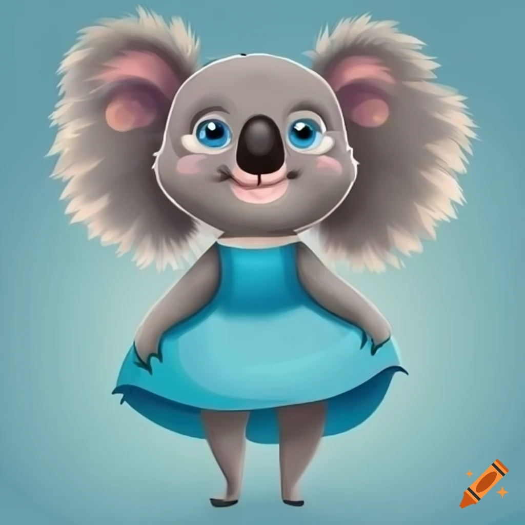 Baby girl koala cartoon in a light blue dress with blue eyes on Craiyon