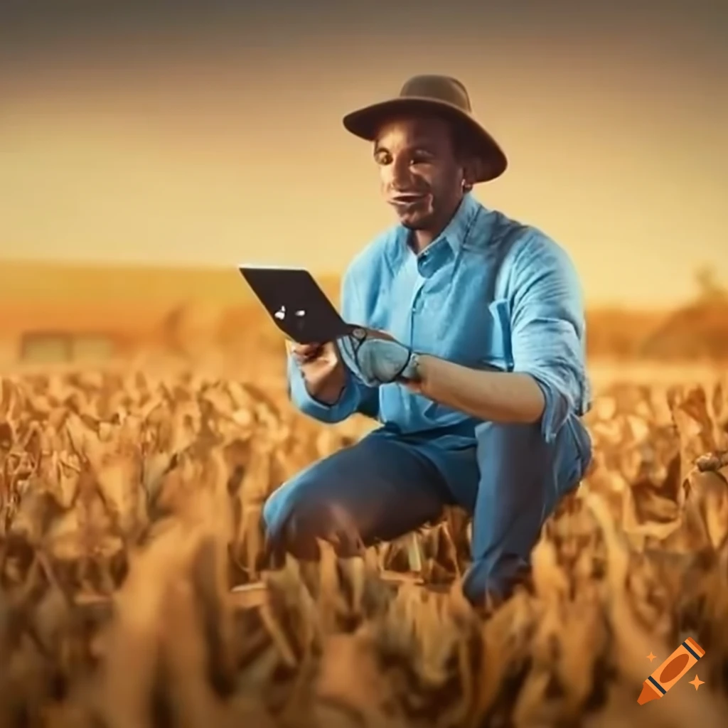 Tech-savvy farmer checking agtech software in a rural store on Craiyon