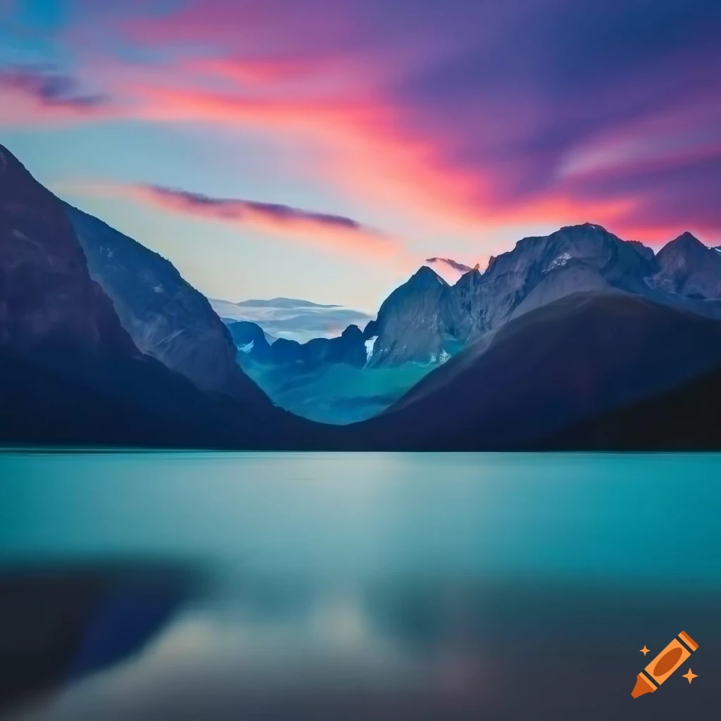 Glacial lake and dramatic mountain range at sunset in deep summer on ...