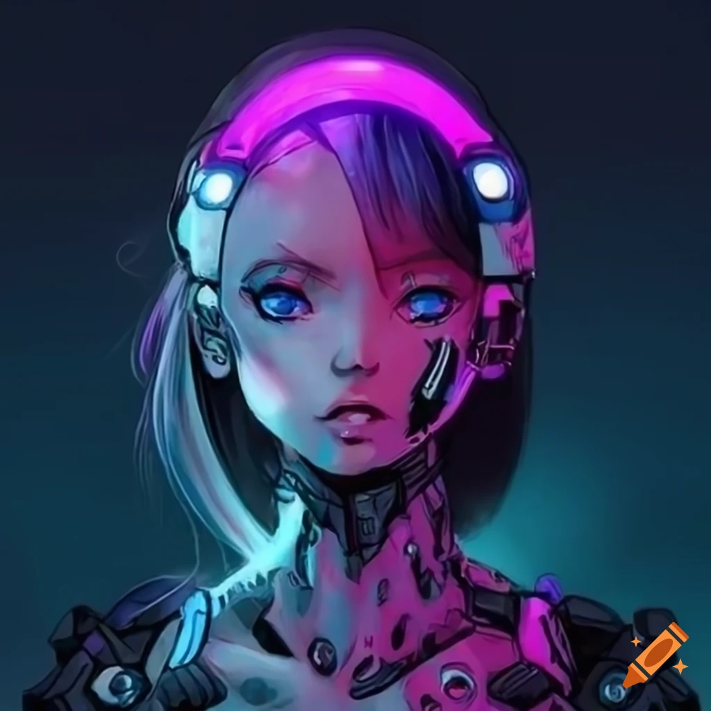 Anime kawaii girl with half robot cyberpunk design on Craiyon