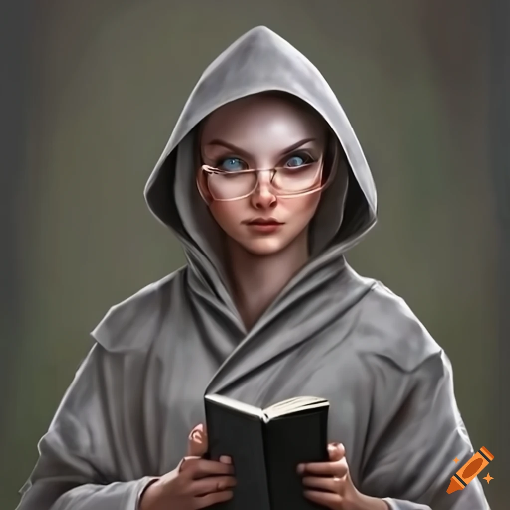 Female monk in gray jedi-like robes with gold framed glasses holding a ...