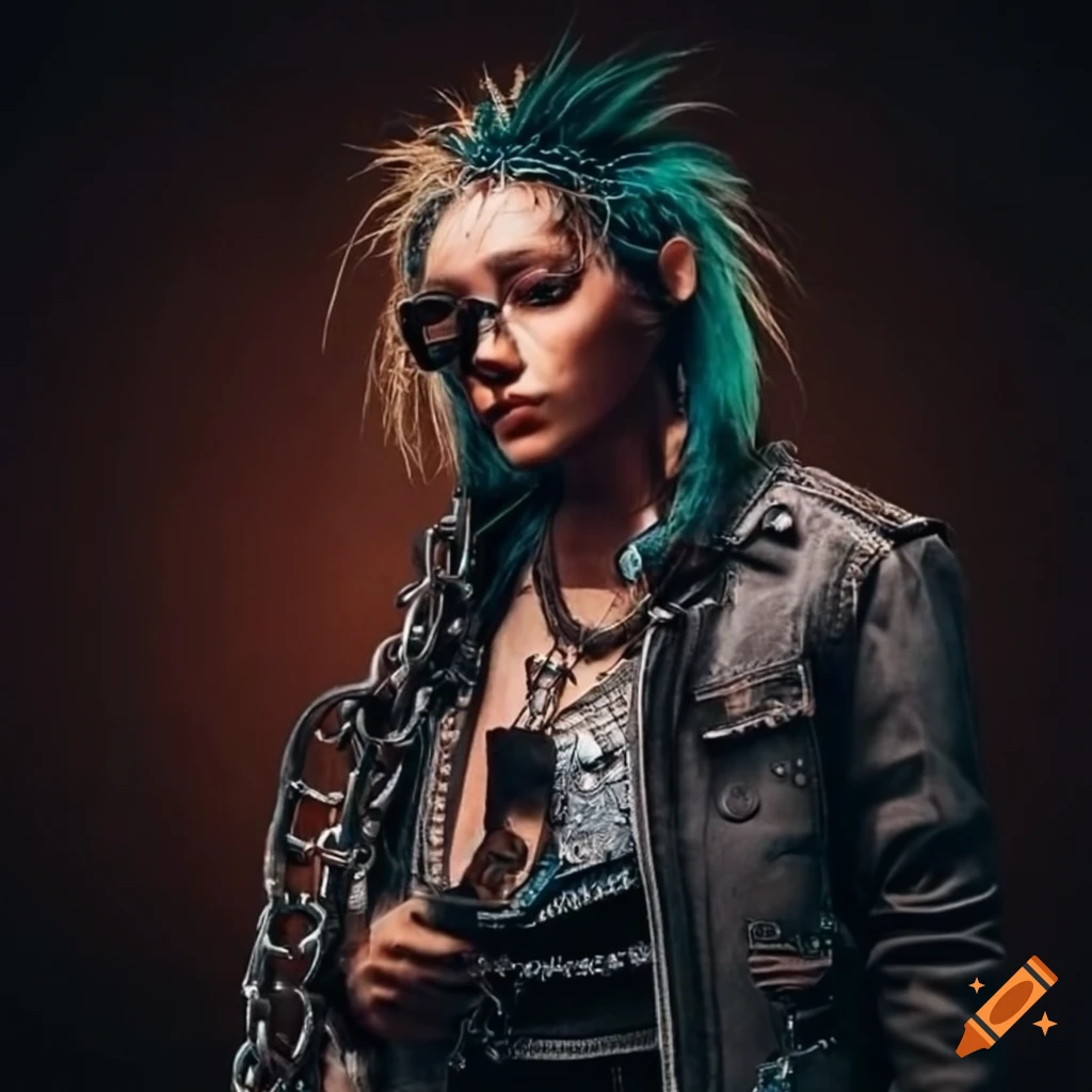 Rockstar with chains, grunge ripped jeans, punk leather jacket on a ...