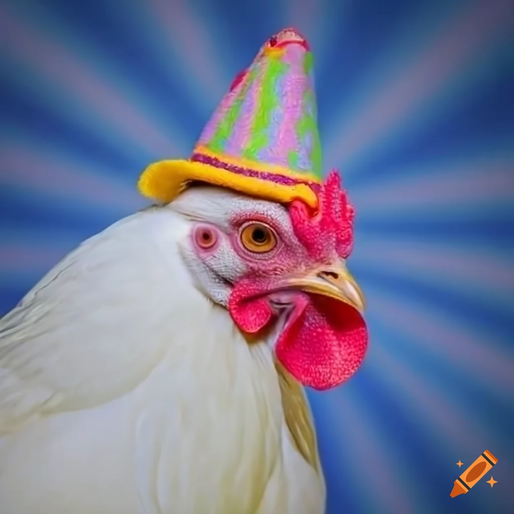 Foolish chicken with colorful hat and bells on blue starburst background on Craiyon