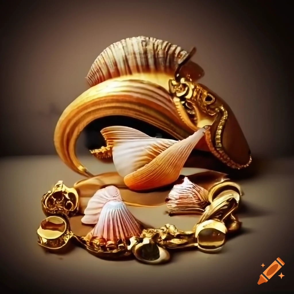 Fantasy mixed media style shells, jewelry, and gold treasure on Craiyon