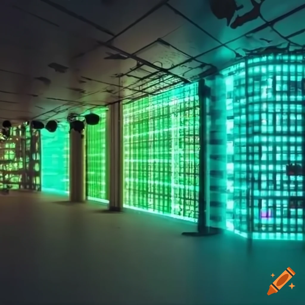 Futuristic DIY store with glowing green lights and statistical charts ...