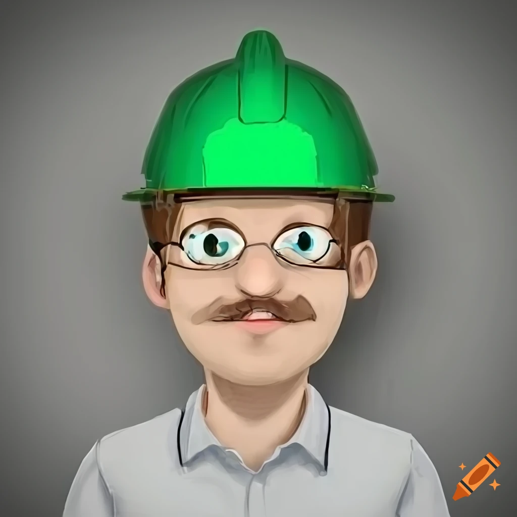 Smiling male engineer with green helmet in a front view, cartoon style ...