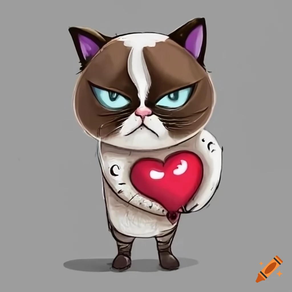 Grumpy cat holding a heart balloon on Craiyon