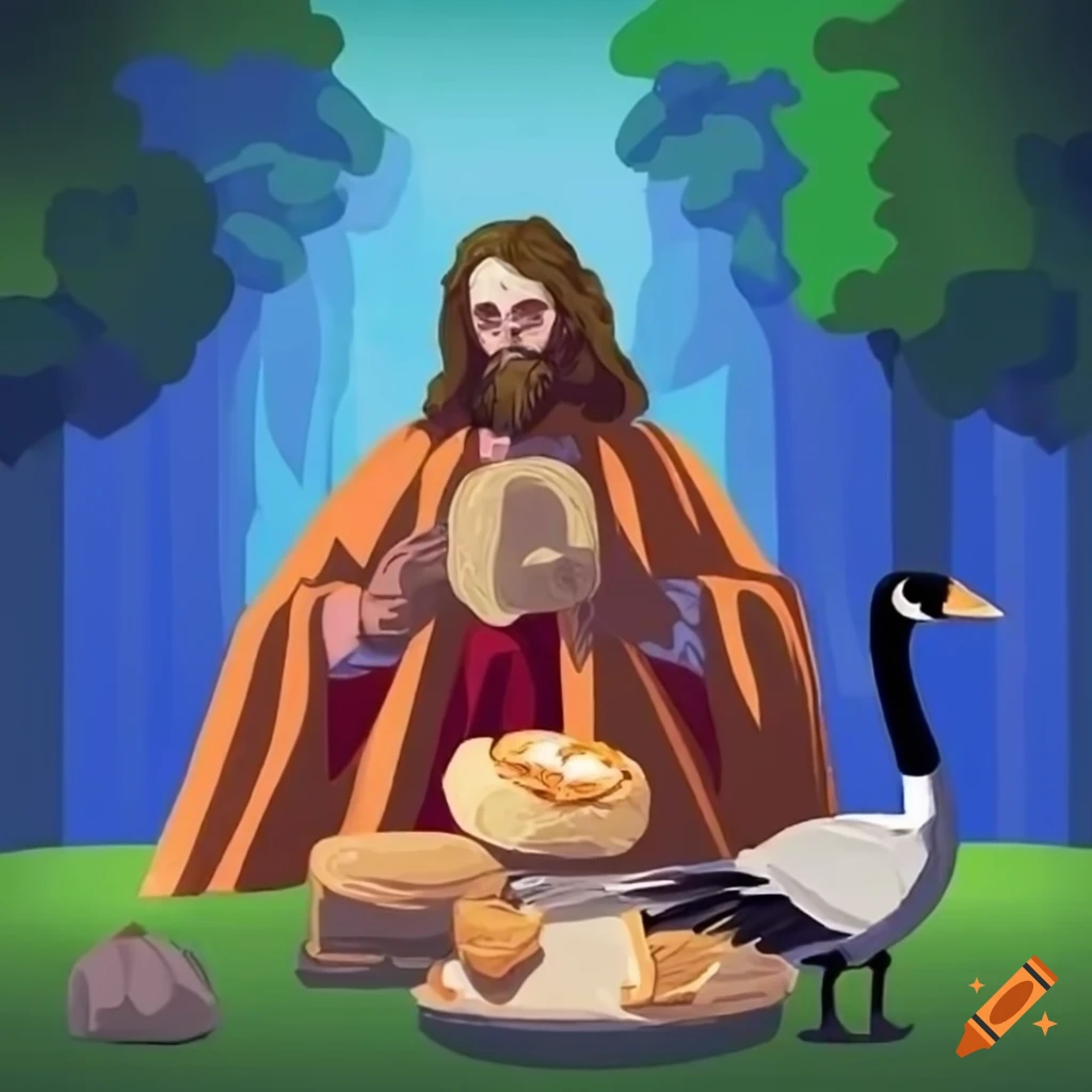 Jesus sharing bread with a canada goose in the park on Craiyon