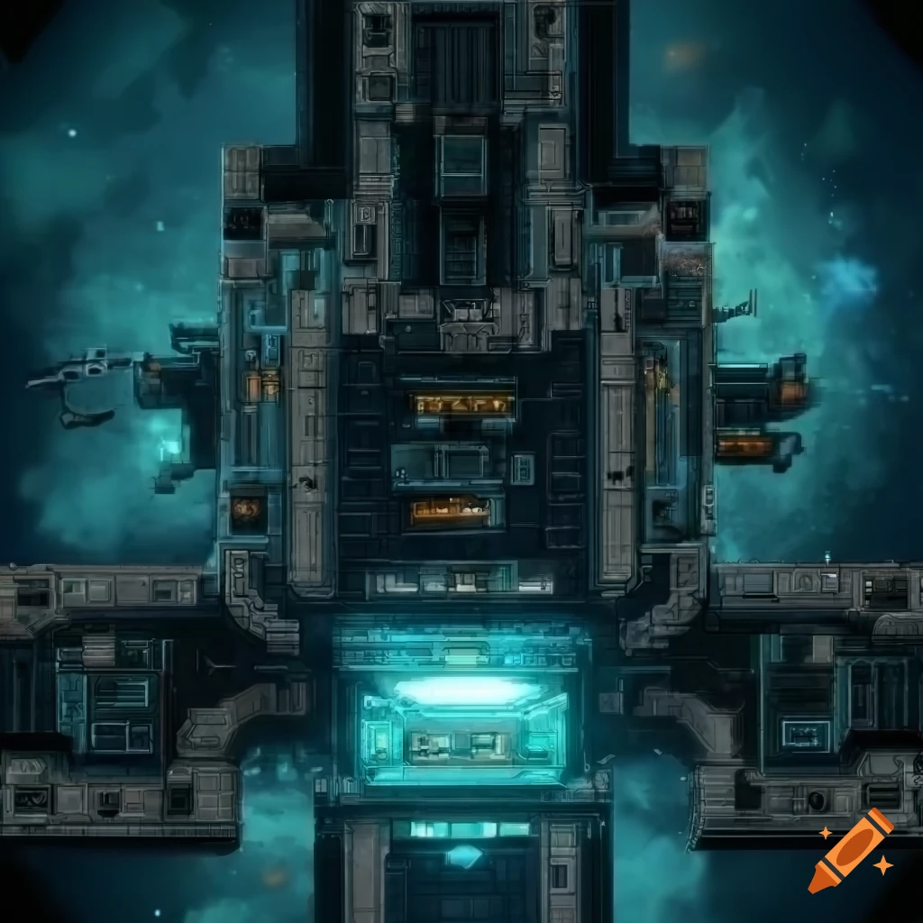 Detail-rich top-down battle map of a spaceship star port on Craiyon