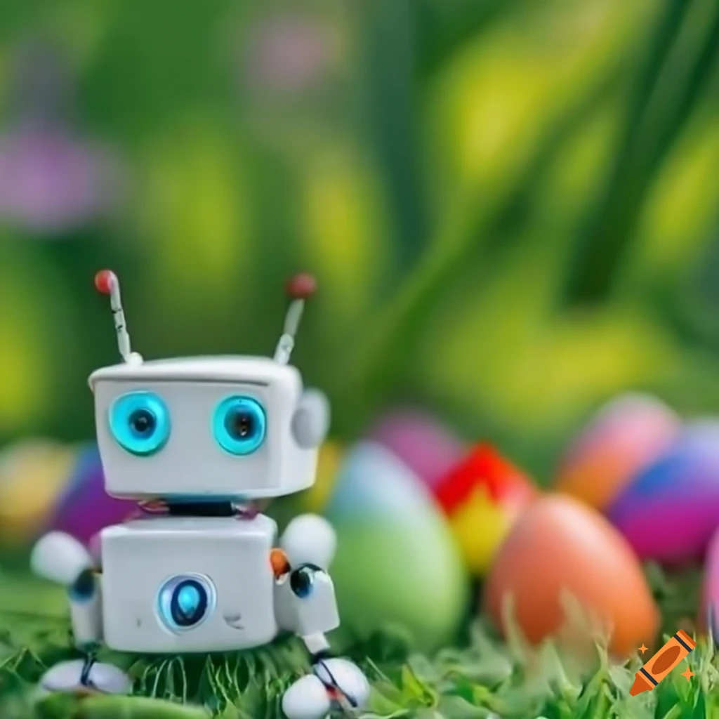 Cute robot among easter eggs in a spring garden on Craiyon