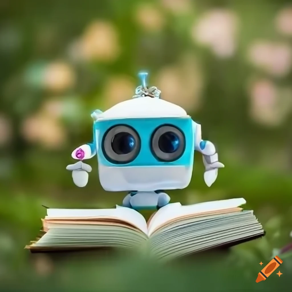 Small cute robot reading a book in a spring garden surrounded by books ...