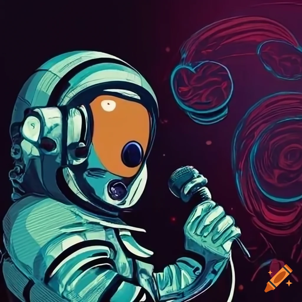 Retro astronaut singing to aliens in a j pop performance on Craiyon