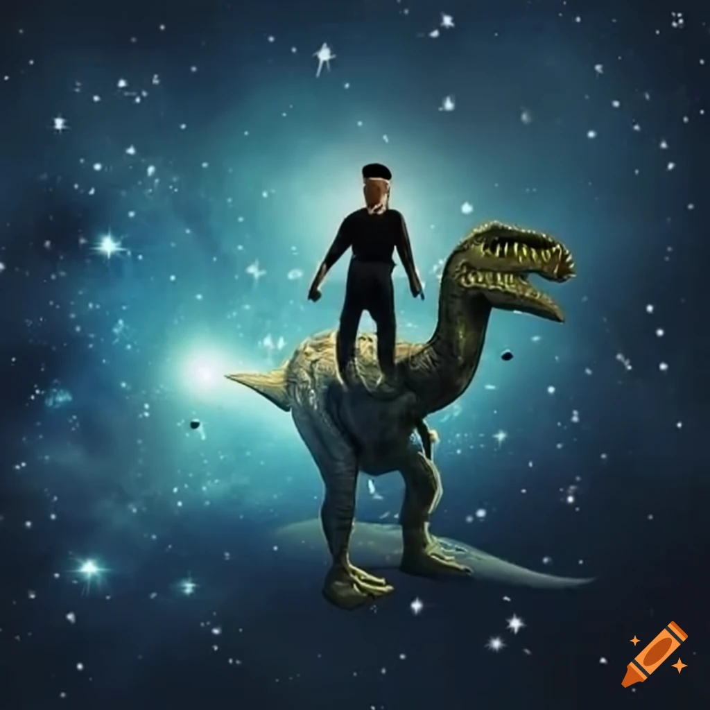 Jewish man riding a dinosaur in space on Craiyon
