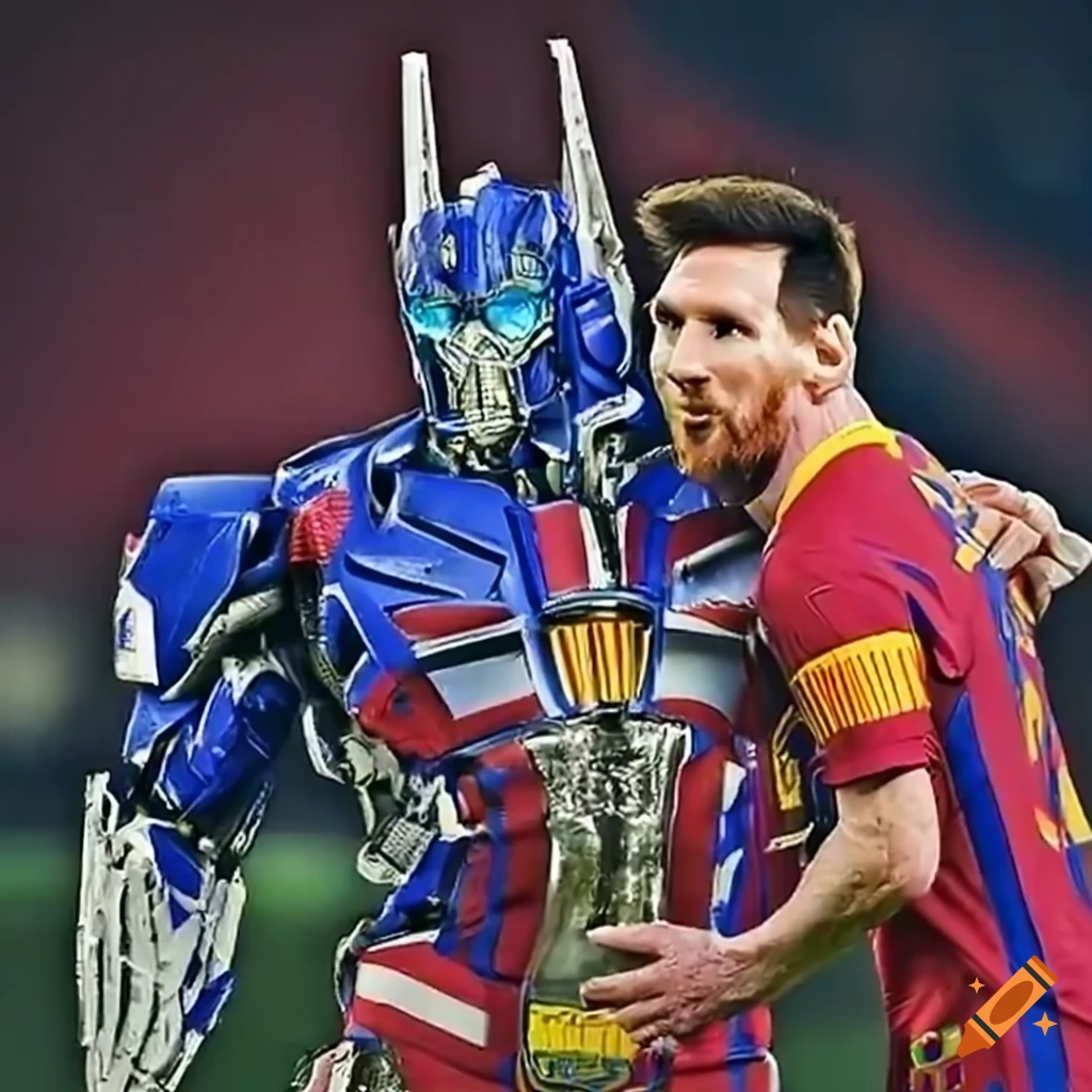 Optimus prime and lionel messi having a friendly interaction on Craiyon
