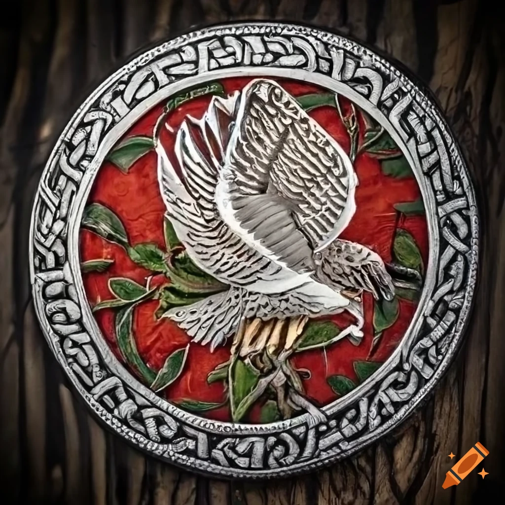 Intricately-designed falcon on a Viking shield on Craiyon