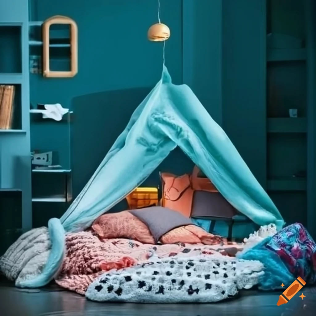 Cozy indoor fort made of chairs and blankets on a rainy day on Craiyon