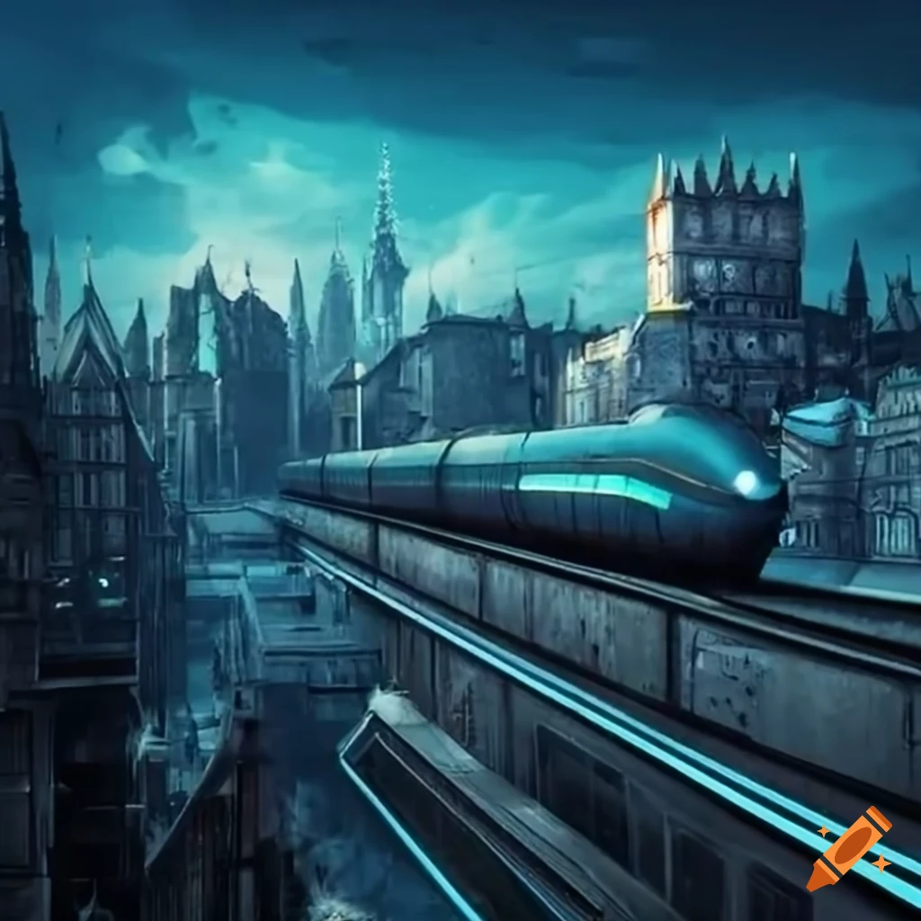 Futuristic train in a medieval city setting on Craiyon