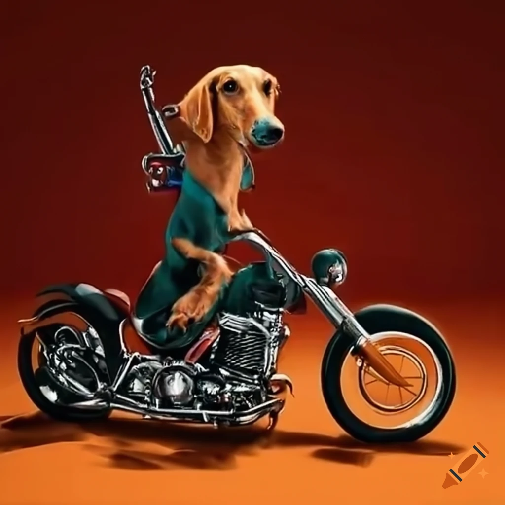 Dachshund riding chopper motorcycle in the desert on Craiyon