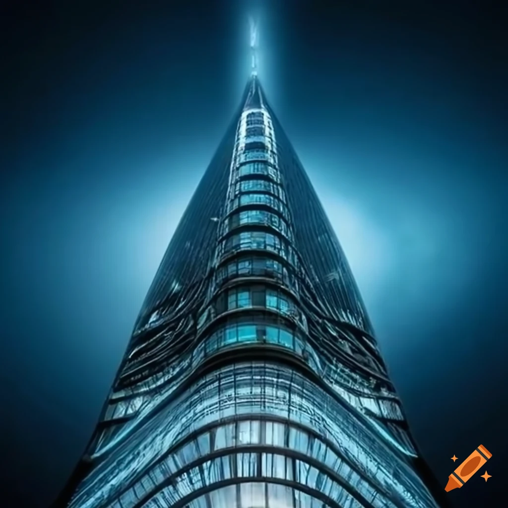 Futuristic tower disappearing into space in a cityscape on Craiyon