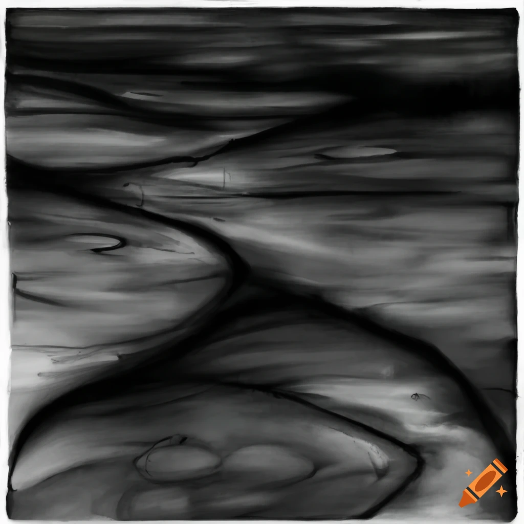 Empty lake in black and white charcoal drawing on Craiyon