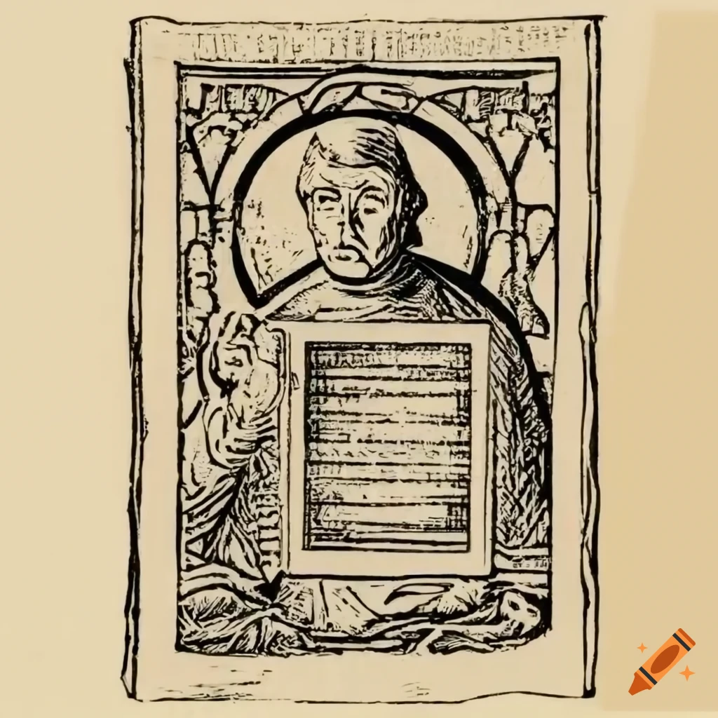 Page of a medieval bible with woodcut illustration on Craiyon