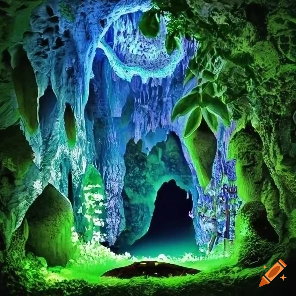 Entrance of a mesmerizing cave in a deep forest with glowing plants on ...