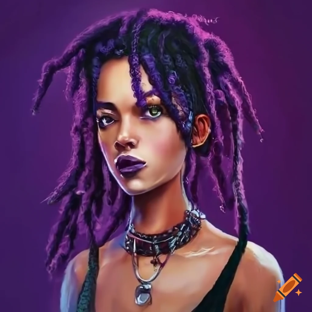 Captivating female video game character with purple dreadlocks and stylish choker on Craiyon