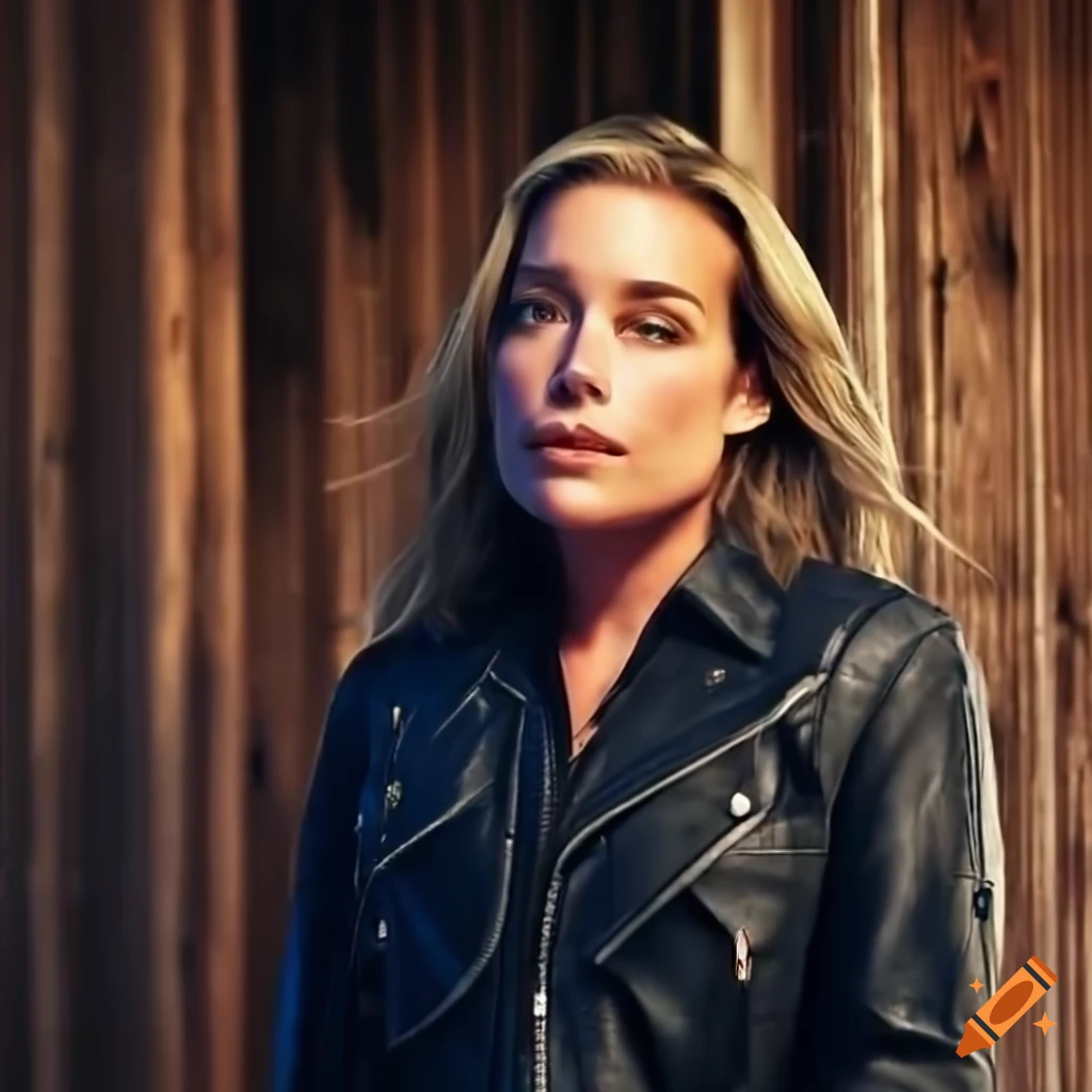Blonde actress in plaid shirt and black leather jacket on Craiyon