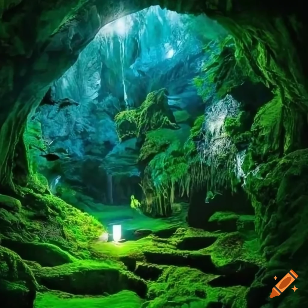 Enchanting hidden cave in a forest surrounded by glowing flora on Craiyon