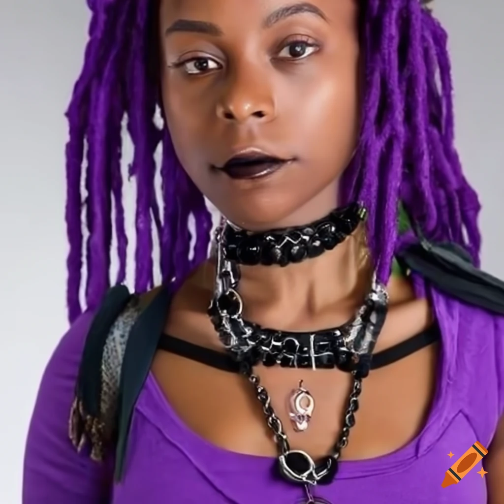 African american female with purple dreadlocks and goth choker necklace on Craiyon