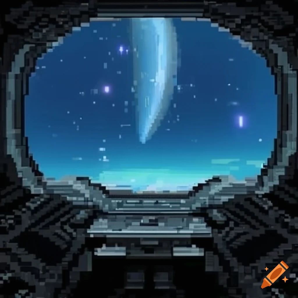 Detailed 8-bit space view from a spaceship window on Craiyon