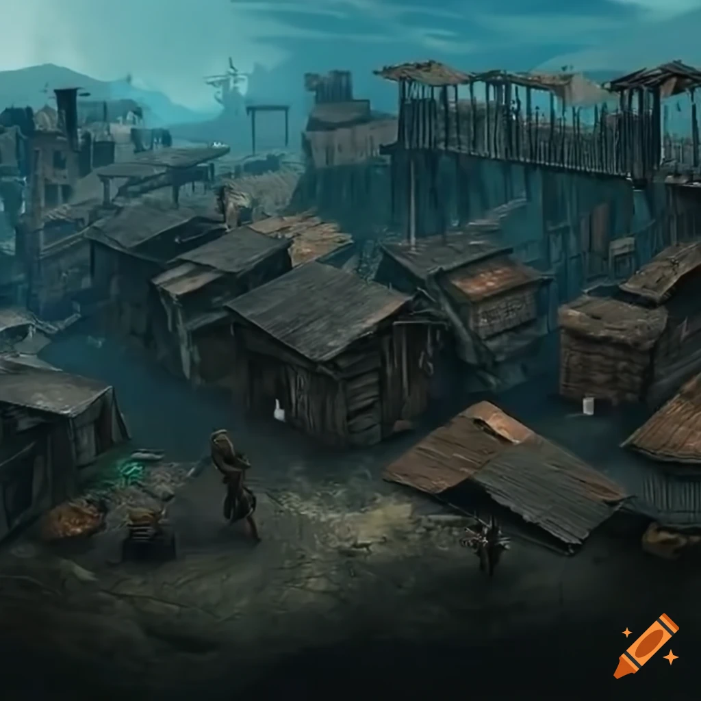 Fenced-in shanty town outside a successful village in a fantasy setting ...